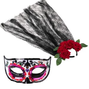 Spooktacular Creations 2 Pcs Day of The Dead Accessories Set with Rose Flower Crown Headband and Masquerade Eye Mask for Halloween Party and Mexican Dia Muertos Costume Accessories