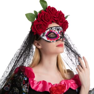 Spooktacular Creations 2 Pcs Day of The Dead Accessories Set with Rose Flower Crown Headband and Masquerade Eye Mask for Halloween Party and Mexican Dia Muertos Costume Accessories