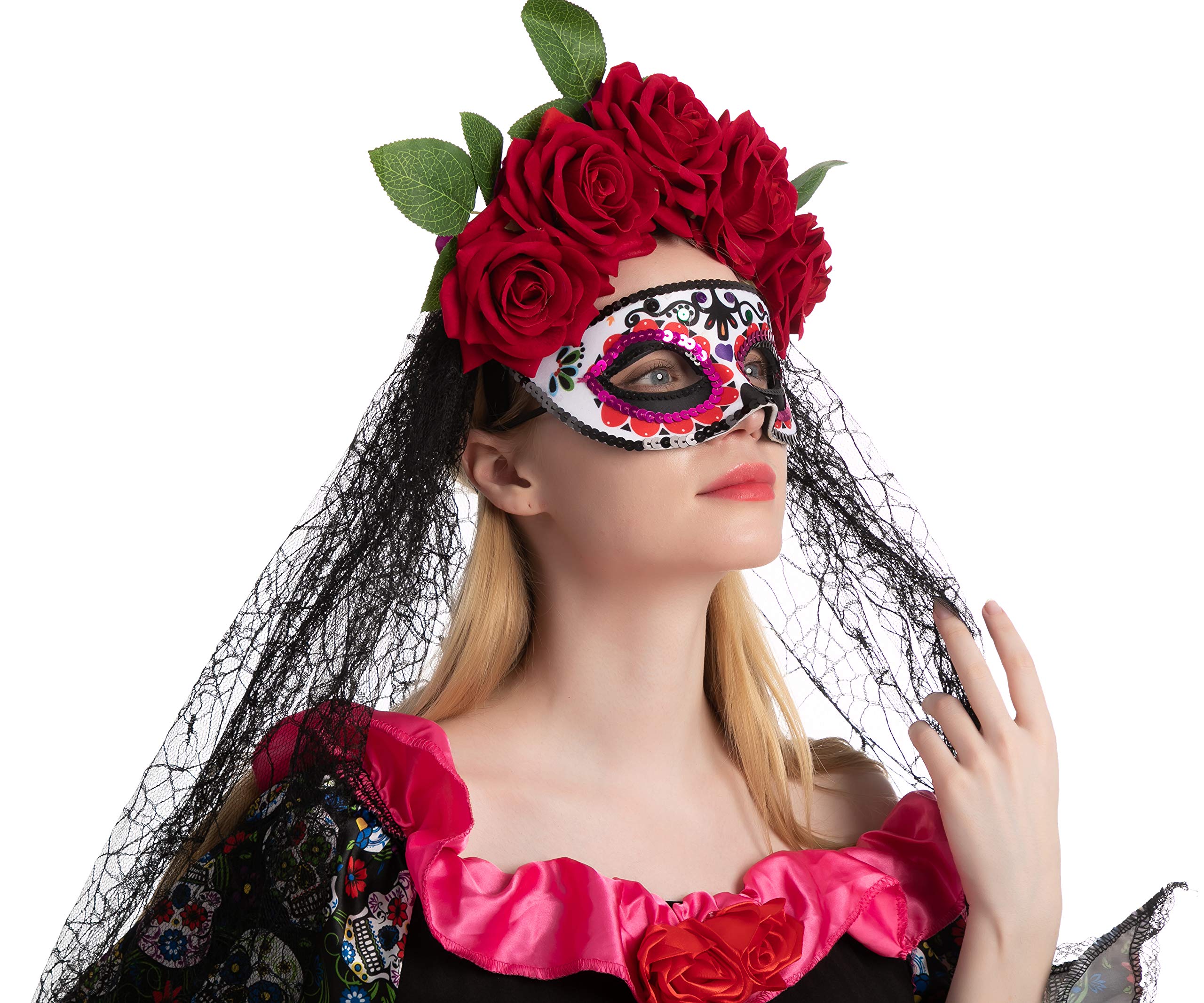 Spooktacular Creations 2 Pcs Day of The Dead Accessories Set with Rose Flower Crown Headband and Masquerade Eye Mask for Halloween Party and Mexican Dia Muertos Costume Accessories