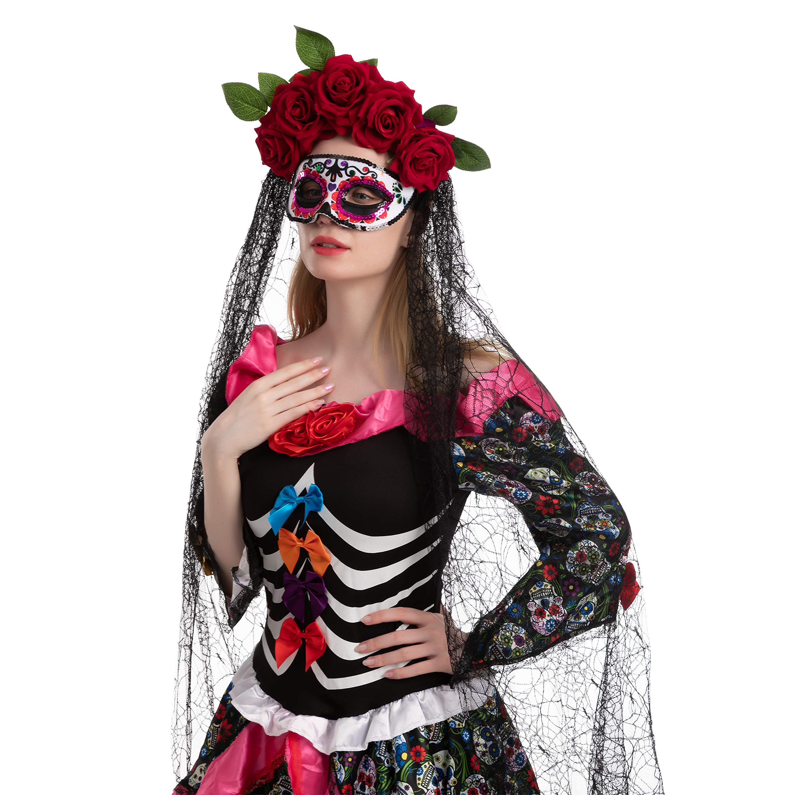 Spooktacular Creations 2 Pcs Day of The Dead Accessories Set with Rose Flower Crown Headband and Masquerade Eye Mask for Halloween Party and Mexican Dia Muertos Costume Accessories