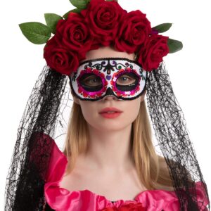 Spooktacular Creations 2 Pcs Day of The Dead Accessories Set with Rose Flower Crown Headband and Masquerade Eye Mask for Halloween Party and Mexican Dia Muertos Costume Accessories