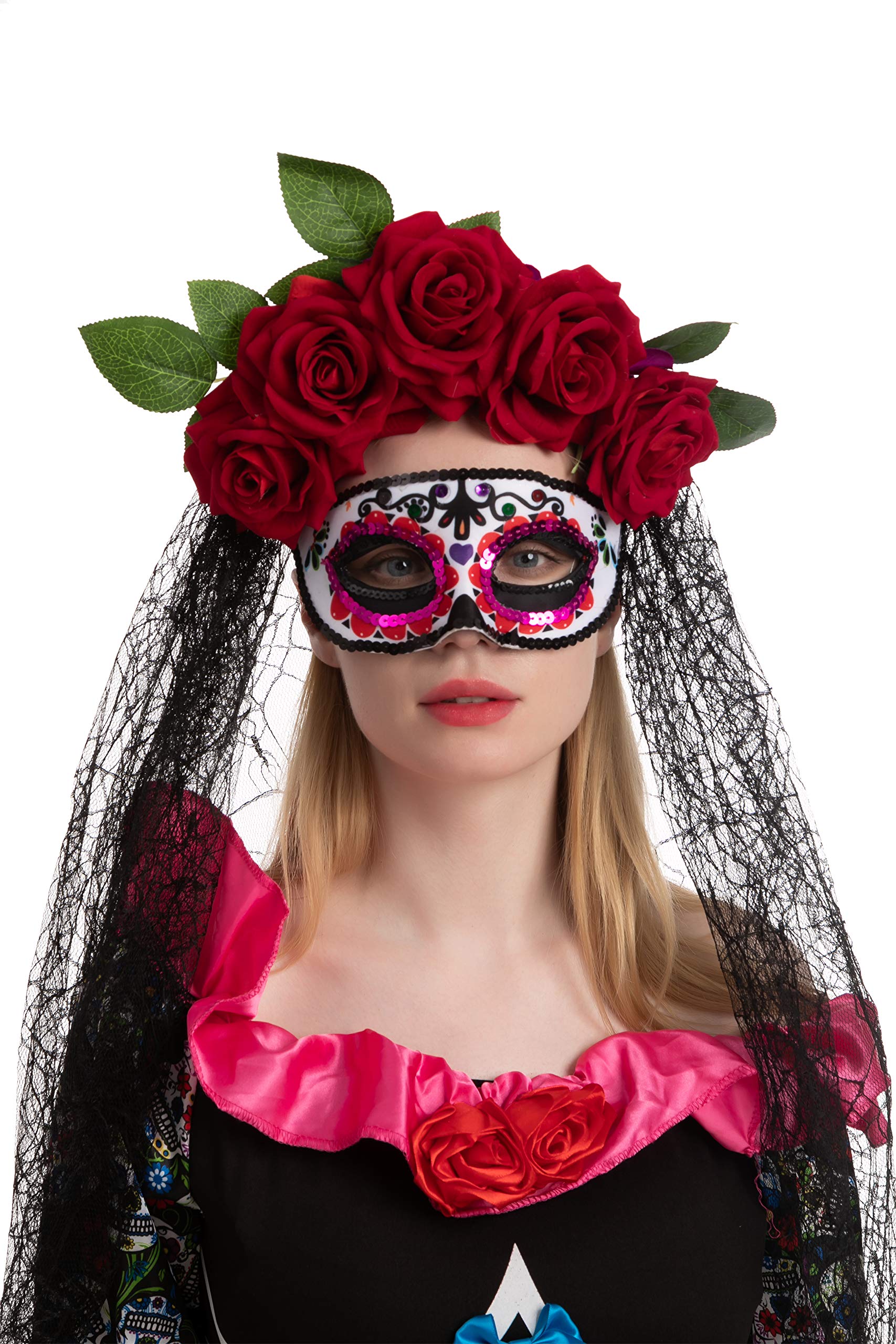 Spooktacular Creations 2 Pcs Day of The Dead Accessories Set with Rose Flower Crown Headband and Masquerade Eye Mask for Halloween Party and Mexican Dia Muertos Costume Accessories