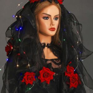 Unsutuo Led Day of the Dead Headband Veil Ligth Up Halloween Costume Headwear Gothic Skull Rose Headpiece Hair Accessories for Women