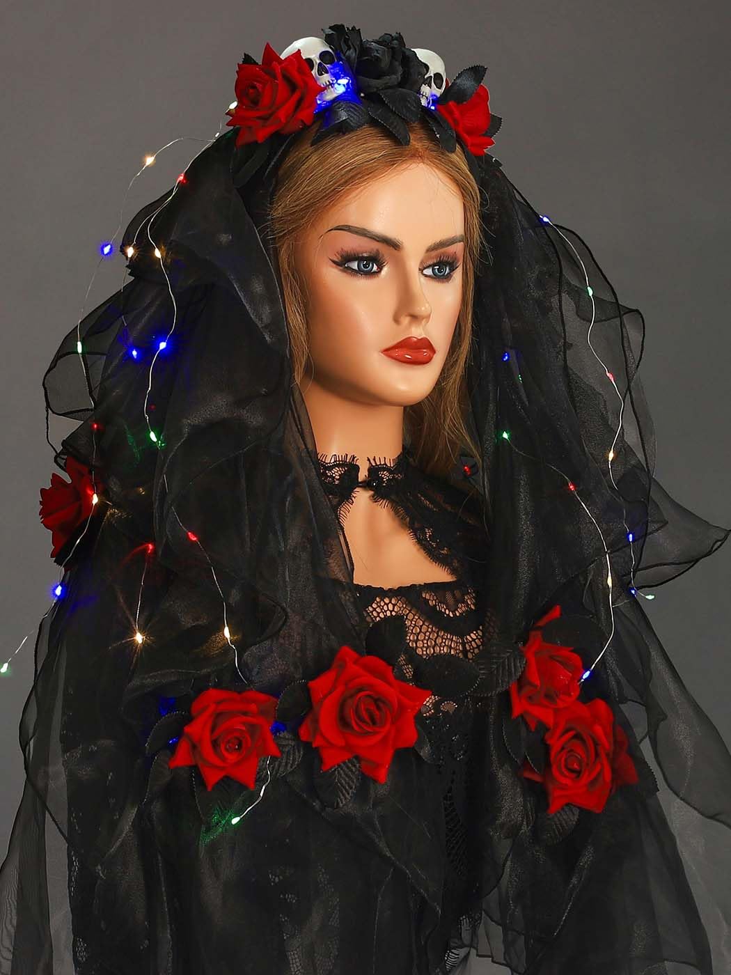 Unsutuo Led Day of the Dead Headband Veil Ligth Up Halloween Costume Headwear Gothic Skull Rose Headpiece Hair Accessories for Women