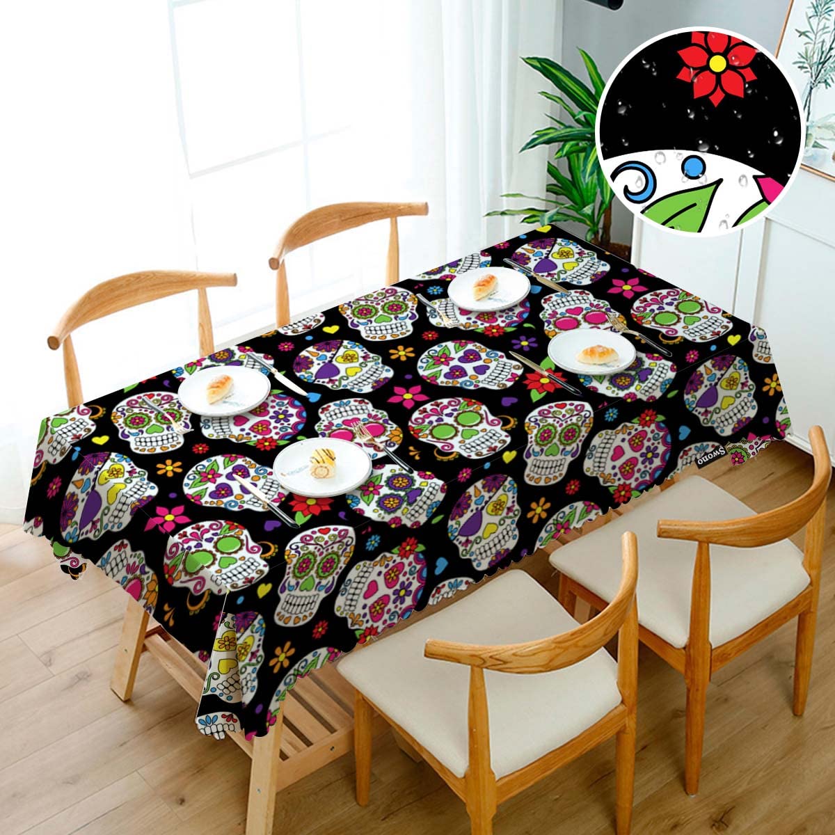 Swono Day of The Dead Table Cover Tablecloth, Colorful Mexican Sugar Skulls 50x72 Inch Table Cloth for Rectangle Tables Buffet Parties Coffee BBQ and Dinning Tablecloth