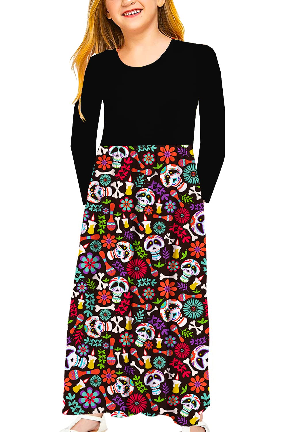 Girl's Halloween Dresses Sugar Skull Day of The Dead Skeleton Cosplay Maxi Dress 11-12 Years