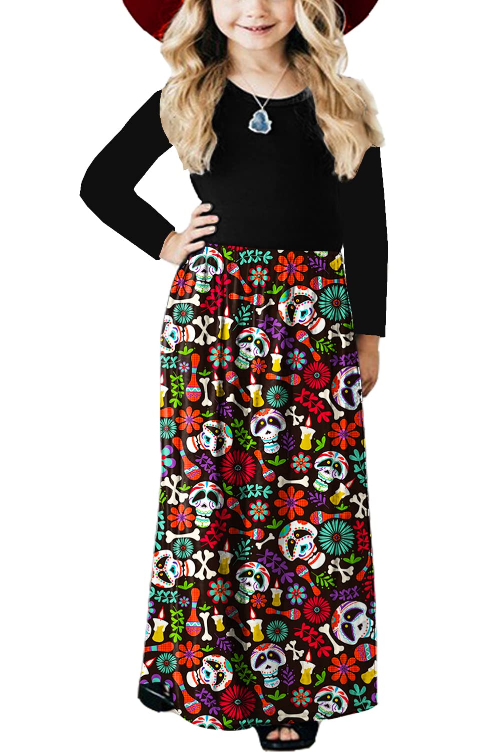 Girl's Halloween Dresses Sugar Skull Day of The Dead Skeleton Cosplay Maxi Dress 11-12 Years