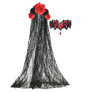 merroyal women's dia de los muertos rose flower costume headpiece halloween day of the dead veil (black red rose flower+black veil)