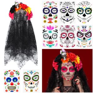 willbond day of the dead headband halloween crown rose floral veil headband with 8 pcs halloween temporary face tattoos dead skull (multi color, charming style)