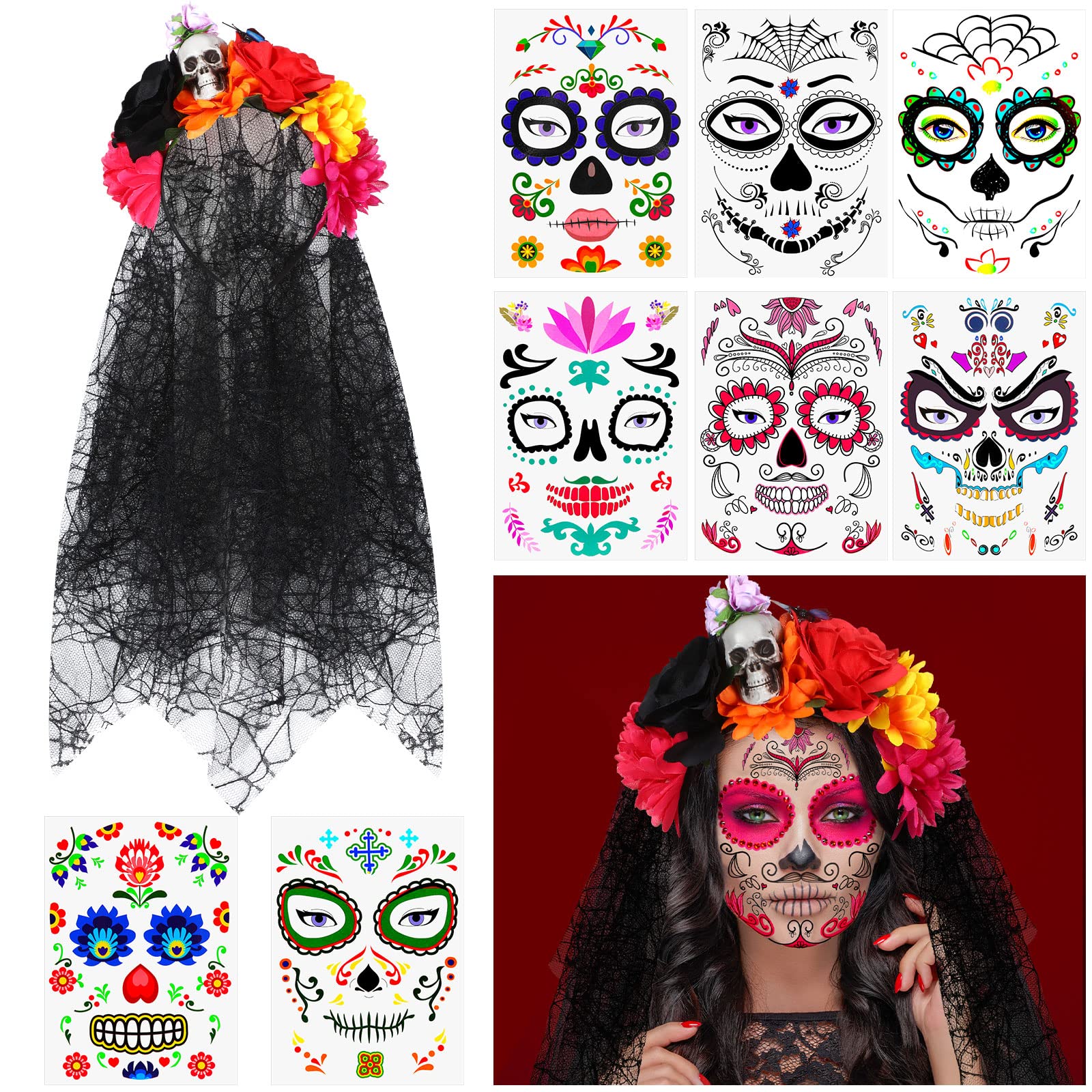 WILLBOND Day of the Dead Headband Halloween Crown Rose Floral Veil Headband with 8 Pcs Halloween Temporary Face Tattoos Dead Skull (Multi Color, Charming Style)