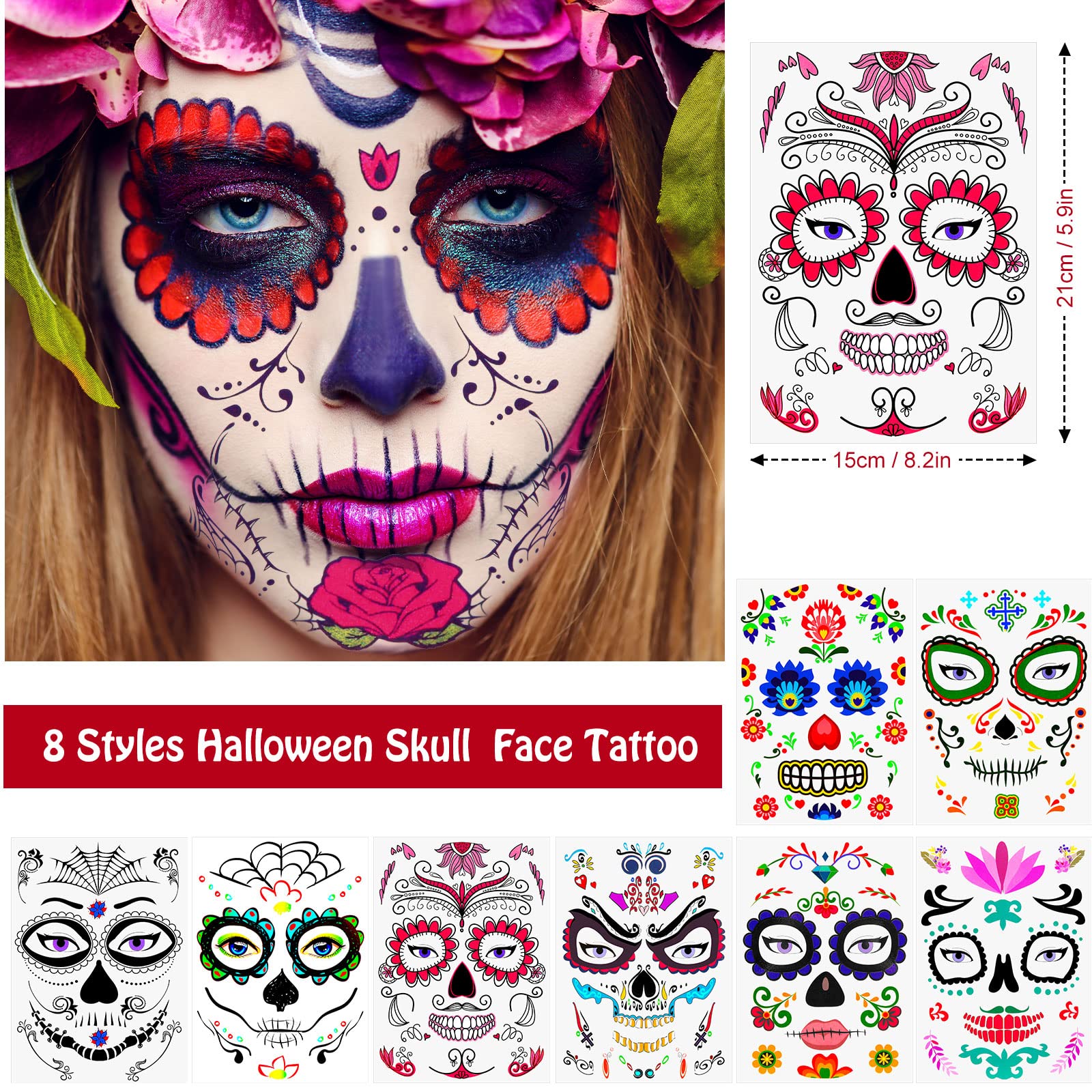 WILLBOND Day of the Dead Headband Halloween Crown Rose Floral Veil Headband with 8 Pcs Halloween Temporary Face Tattoos Dead Skull (Multi Color, Charming Style)