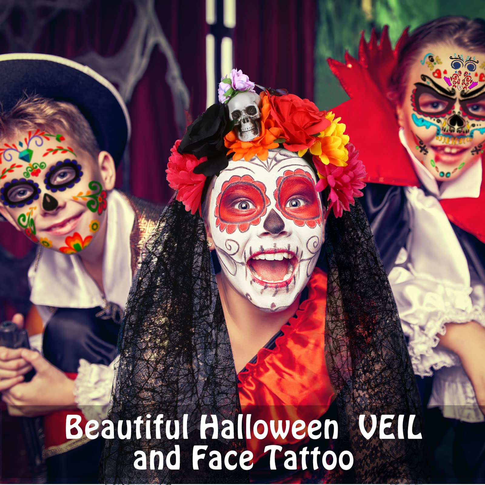 WILLBOND Day of the Dead Headband Halloween Crown Rose Floral Veil Headband with 8 Pcs Halloween Temporary Face Tattoos Dead Skull (Multi Color, Charming Style)