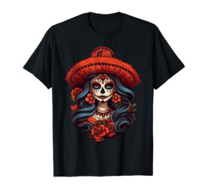 de los muertos la catrina day of the dead sugar skull women t-shirt