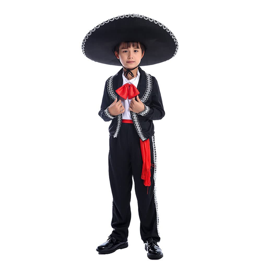 STIOEDYUAN Kids Mexican Costume Folklorico Cinco De Mayo Amigo Day Of The Dead Mariachi Halloween Cosplay Outfit Fiesta (Black, X-Large)