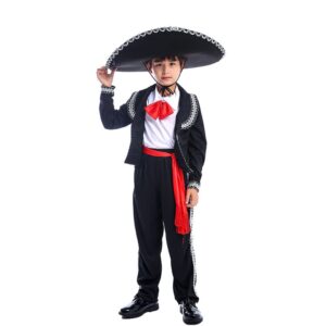 STIOEDYUAN Kids Mexican Costume Folklorico Cinco De Mayo Amigo Day Of The Dead Mariachi Halloween Cosplay Outfit Fiesta (Black, X-Large)