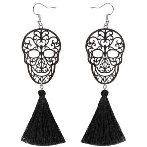 halloween skull tassel drop dangle earrings black women girls' handmade punk gothic skeleton fashion statement jewelry lightweight dead day cosplay costume party favor gift