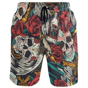 visesunny men's beach short swim trunks sugar skull red rose day of dead sports running bathing suits