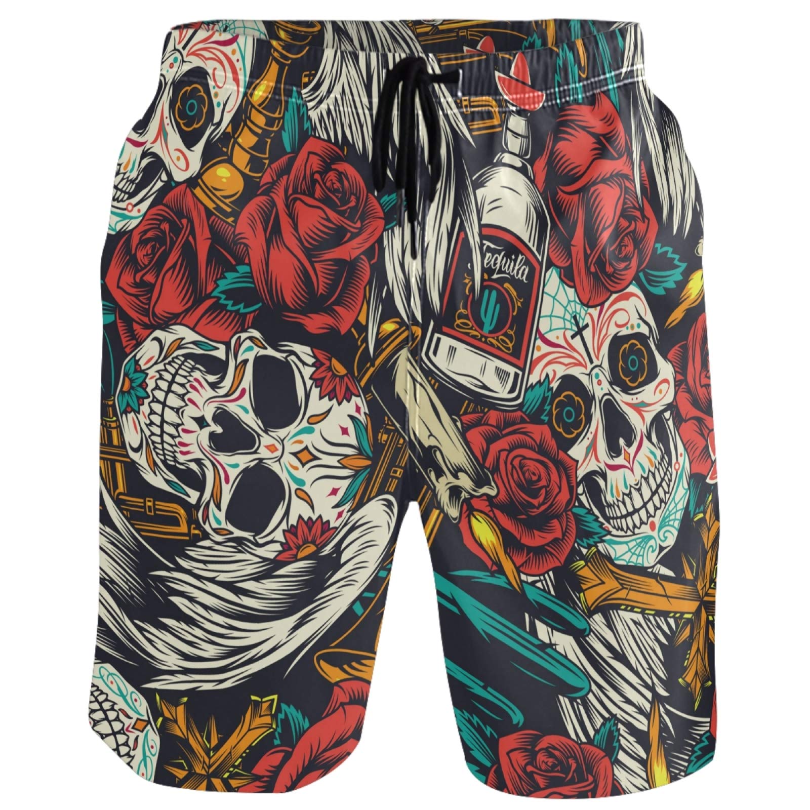 visesunny Men's Beach Short Swim Trunks Sugar Skull Red Rose Day of Dead Sports Running Bathing Suits