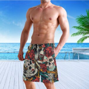 visesunny Men's Beach Short Swim Trunks Sugar Skull Red Rose Day of Dead Sports Running Bathing Suits