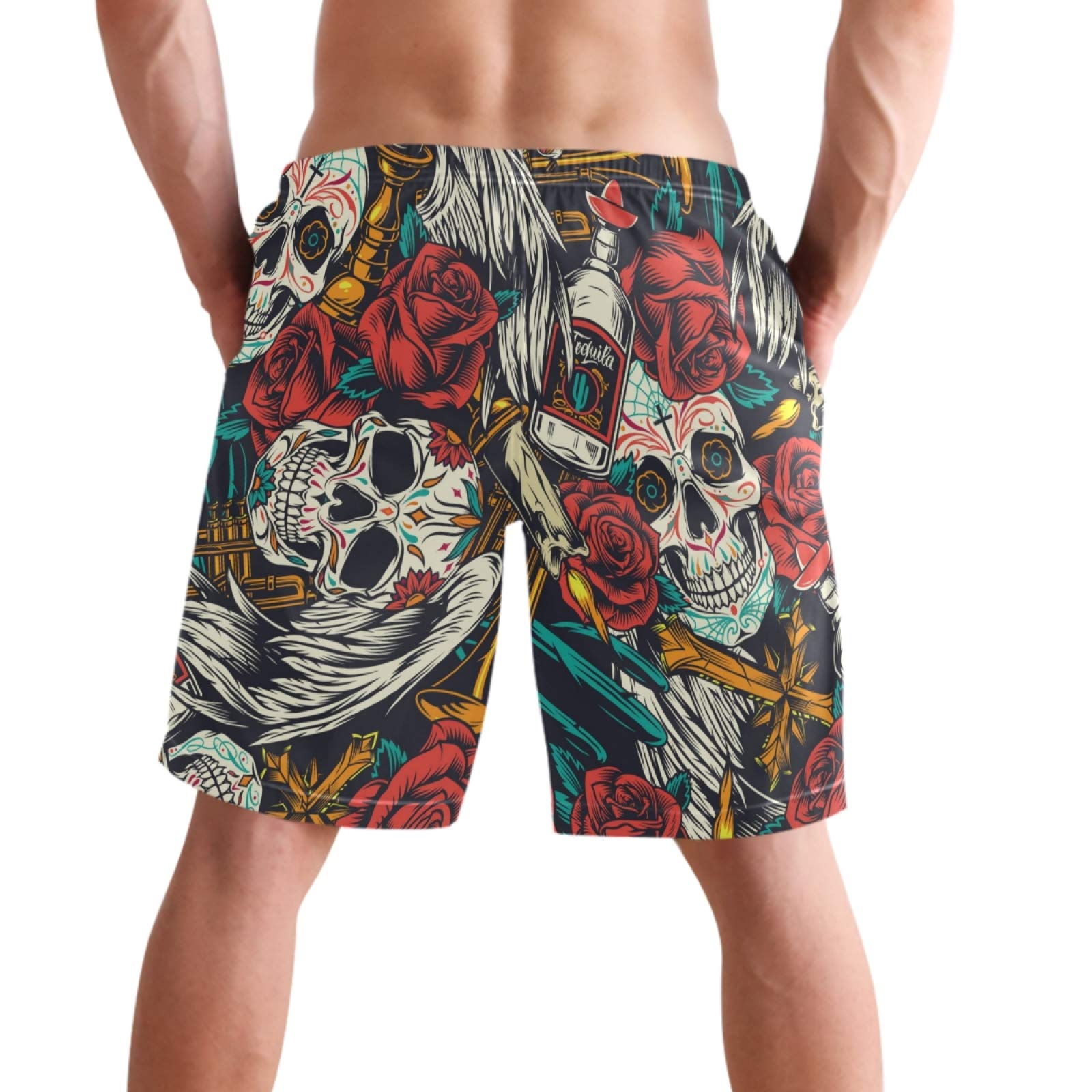 visesunny Men's Beach Short Swim Trunks Sugar Skull Red Rose Day of Dead Sports Running Bathing Suits