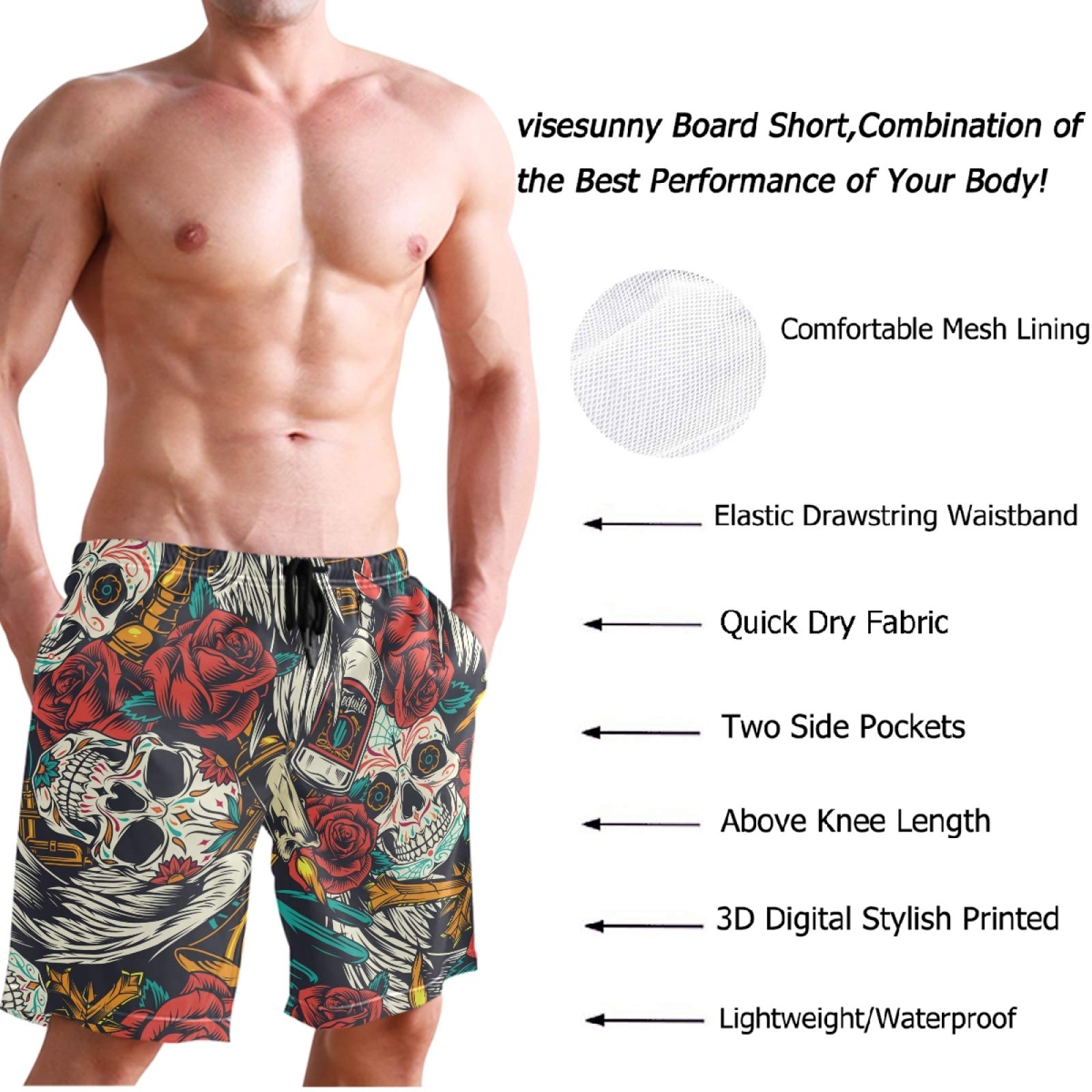 visesunny Men's Beach Short Swim Trunks Sugar Skull Red Rose Day of Dead Sports Running Bathing Suits