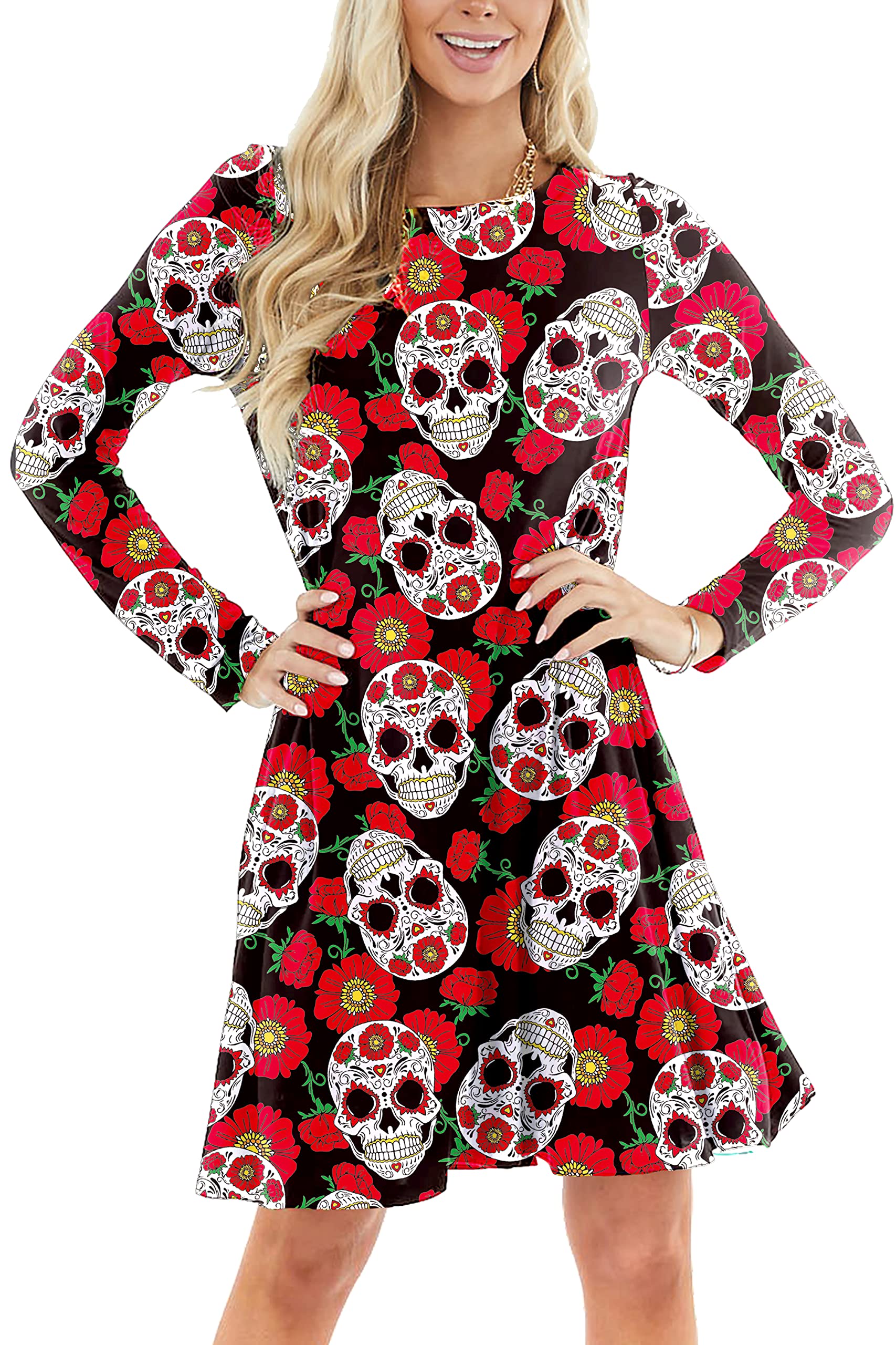 Women Sugar Skull Dresses Day of The Dead Halloween Flare Holiday Dress with Pocket XL