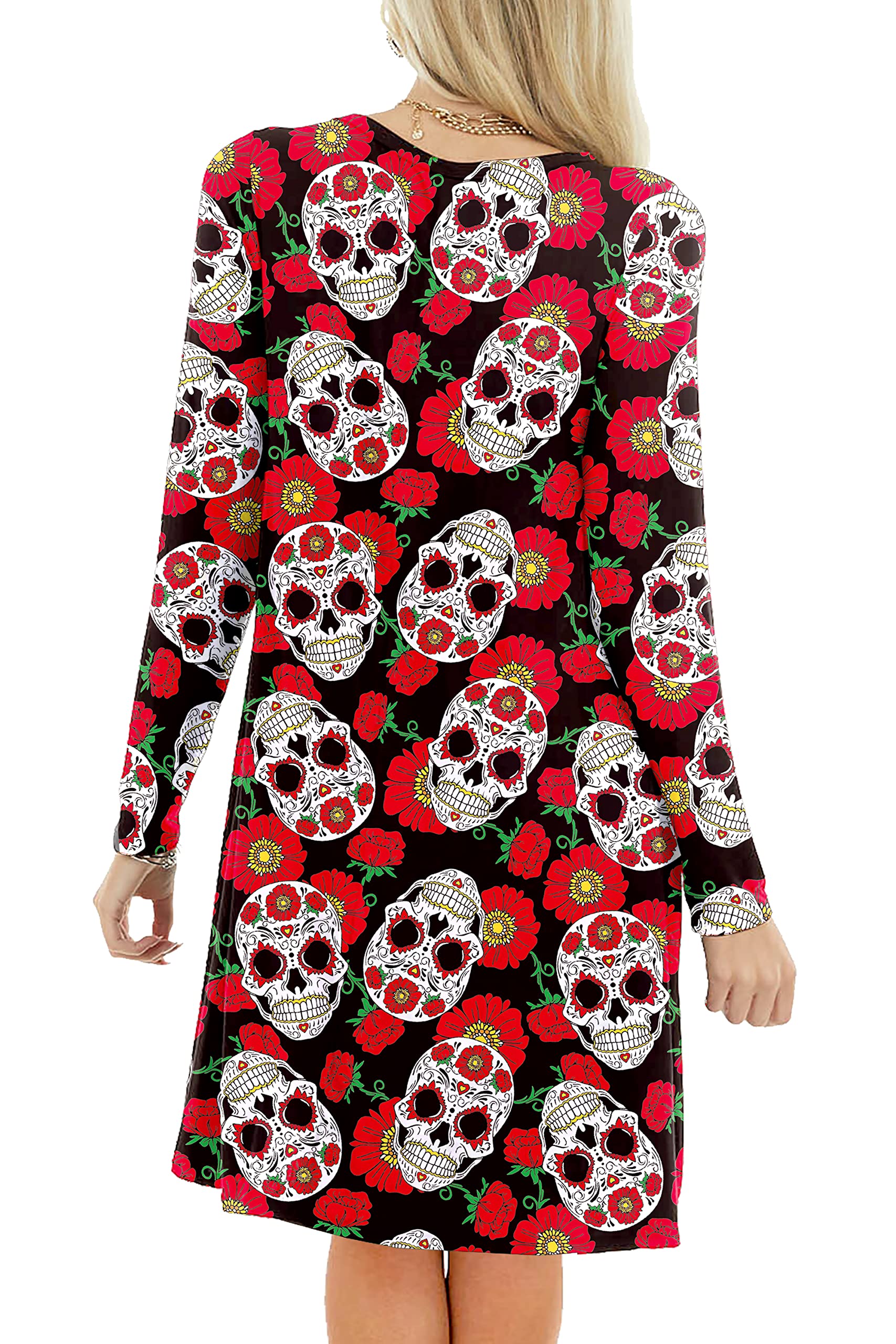 Women Sugar Skull Dresses Day of The Dead Halloween Flare Holiday Dress with Pocket XL