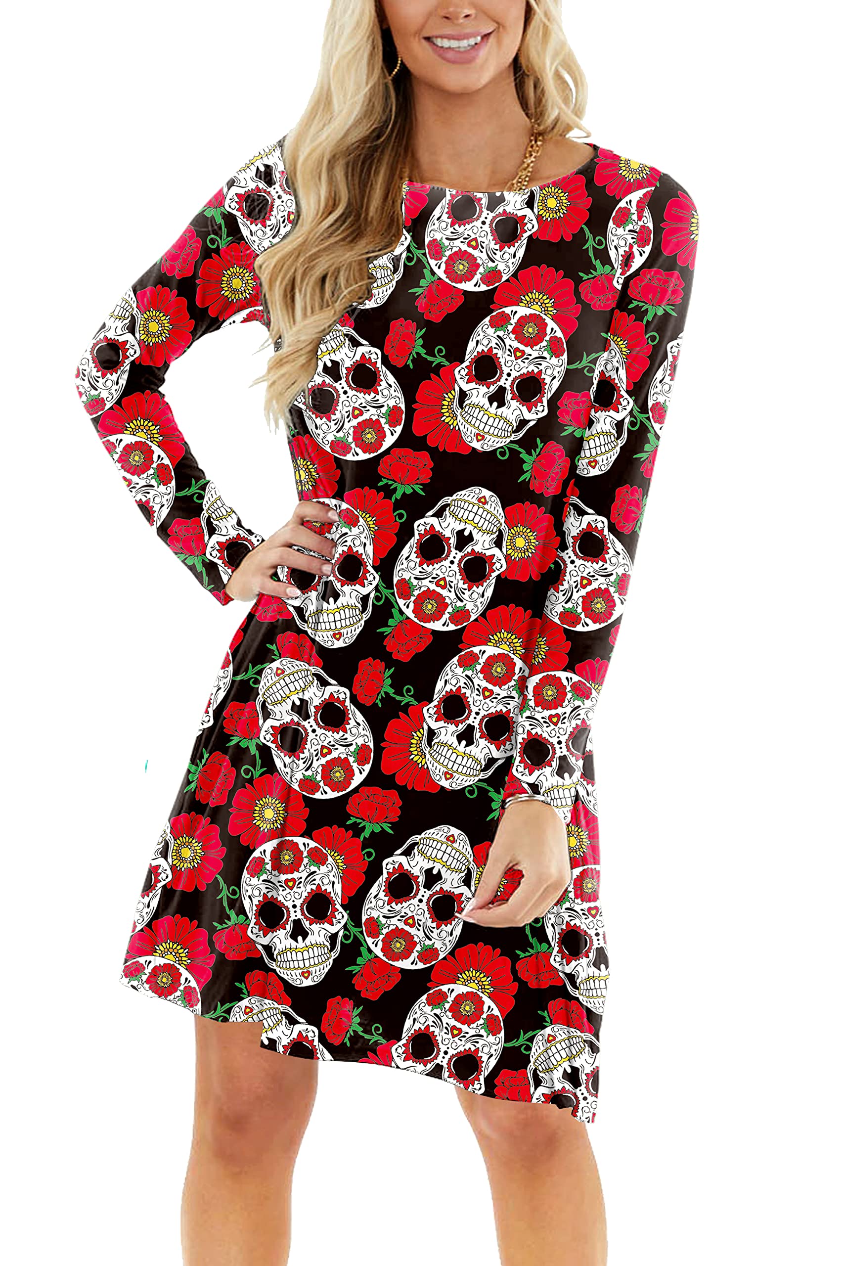 Women Sugar Skull Dresses Day of The Dead Halloween Flare Holiday Dress with Pocket XL