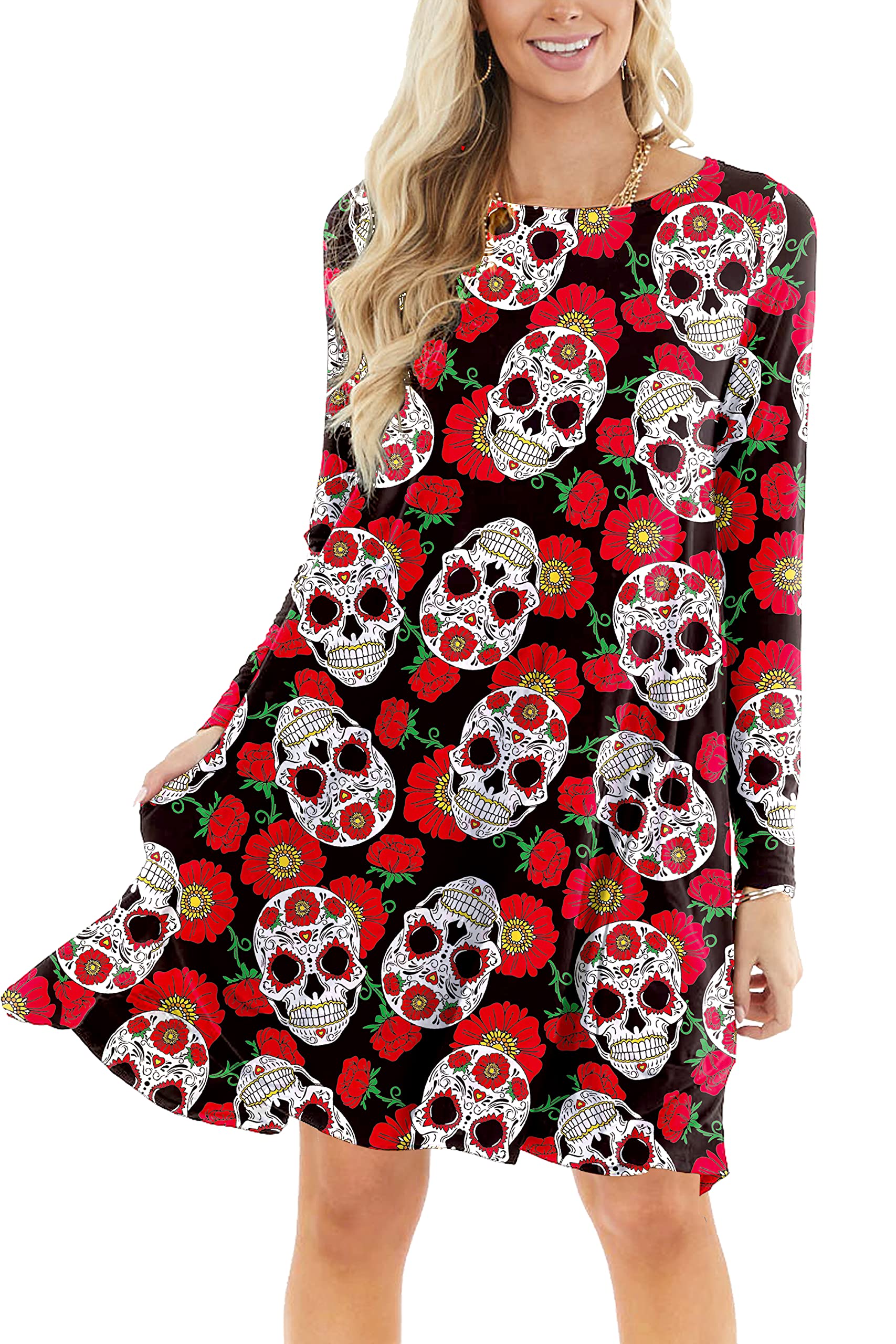 Women Sugar Skull Dresses Day of The Dead Halloween Flare Holiday Dress with Pocket XL