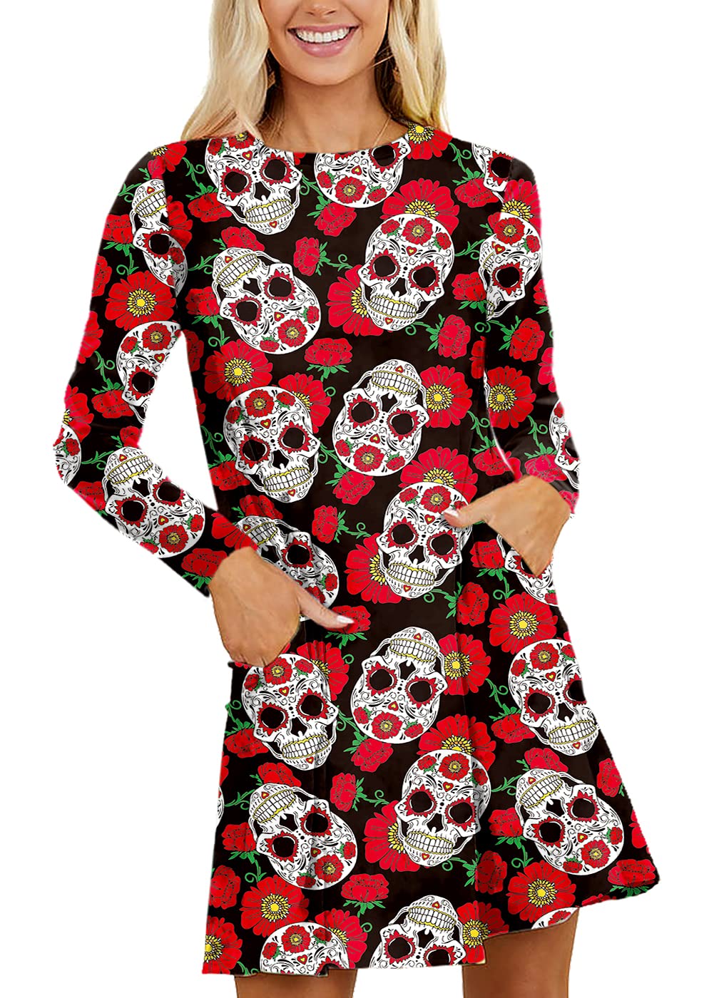 Women Sugar Skull Dresses Day of The Dead Halloween Flare Holiday Dress with Pocket XL