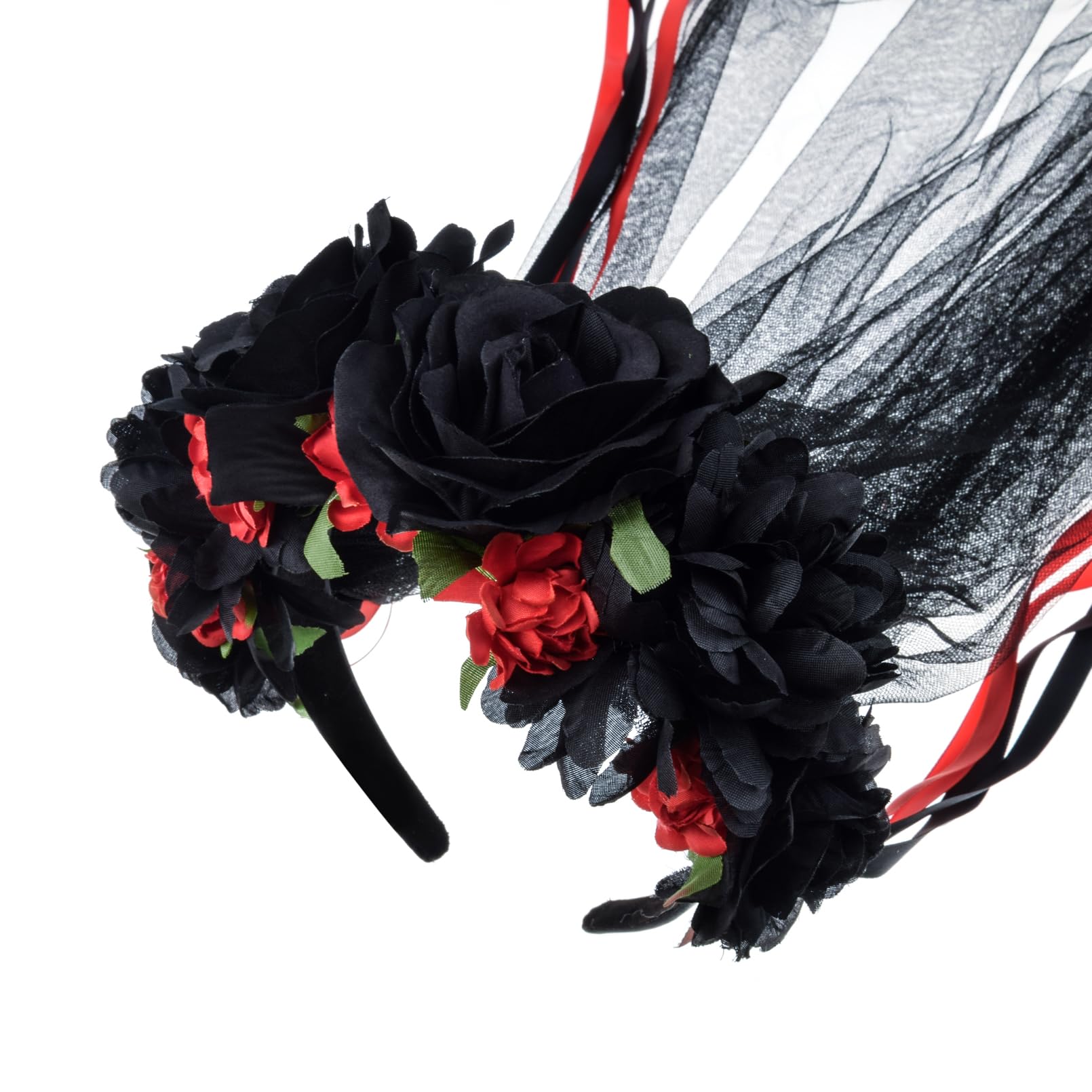 Delicate Dew Day of The Dead Flower Headband dia de los muertos costume Halloween Headpiece (Black Veil)