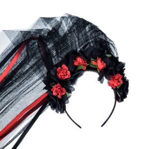 Delicate Dew Day of The Dead Flower Headband dia de los muertos costume Halloween Headpiece (Black Veil)