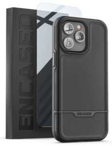 encased heavy duty iphone 14 pro max case with screen protector, ultra protective military grade [10ft drop rated] dual hybrid rugged cover (rebel series) (black)