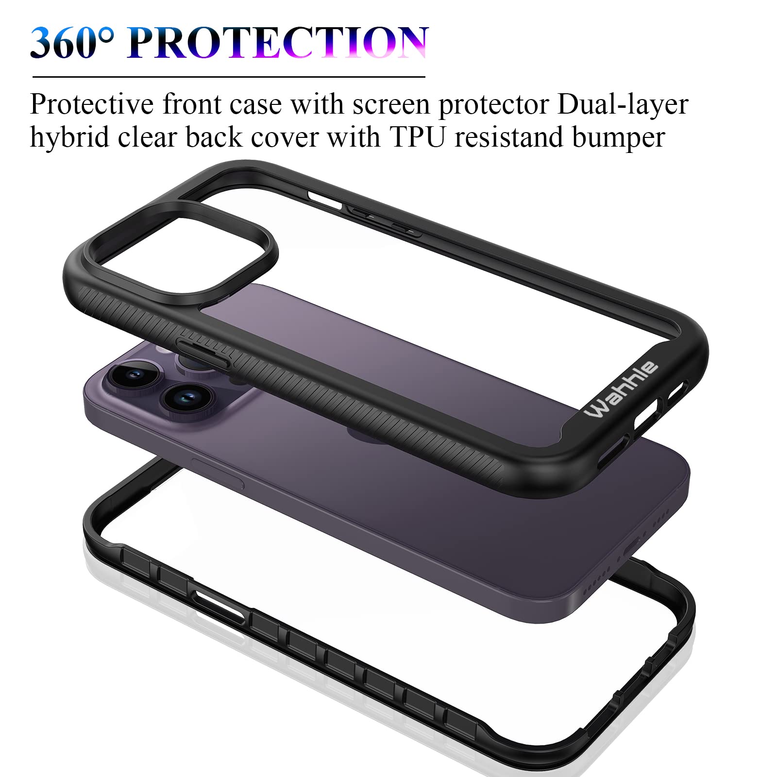 wahhle Designed for iphone 14 Pro Max Case, Full-Body Phone Cover with Screen Protector【Built-in, Touch Sensitive, Anti Scratch】 Upgraded Shockproof TPU Bumper Cases 2022 6.7 Inches-Black Clear