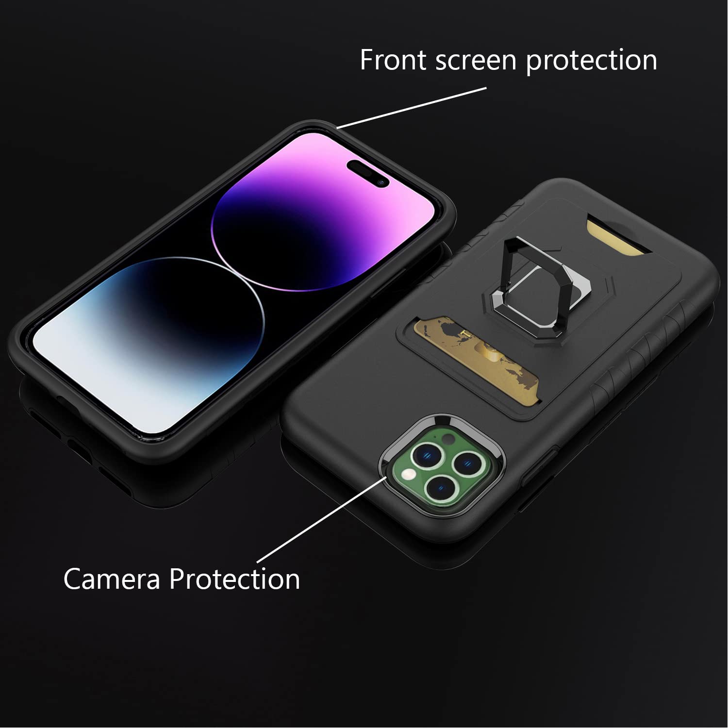 Asuwish Phone Case for iPhone 14 Pro Max 6.7 inch with Screen Protector Cover and Credit Card Ring Holder Stand Cell Accessories iPhone14promax 5G i Phone14Max Plus iPhone14 ProMax Women Men Black