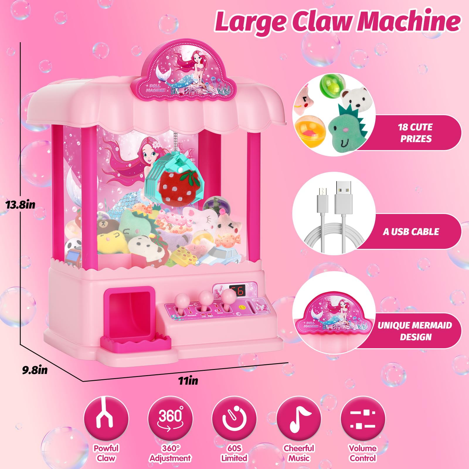 UNIH Claw Machine for Kids, Mini Vending Machines Candy Prize Dispenser Toy, Arcade Game Machine with Lights & Adjustable Sound, Christmas Birthday Gift Toys for Girls Kids Age 3 4 5 6 7 8 Years Old