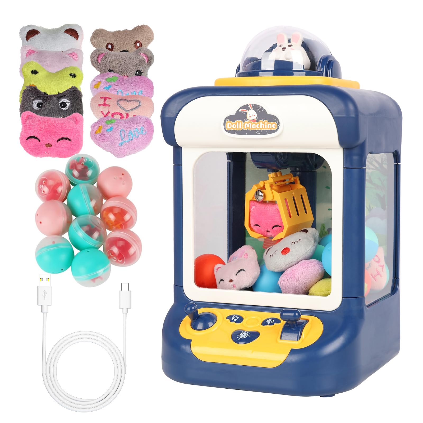 Salate Claw Machine for Kids, Mini Rabbit Vending Machine Candy Grabber Prize Dispenser Toy Gift for Girls Boys, Adjustable Music and Light, Includes 10 Mini Plush Toys 10 Plastic Toys Refill Prizes