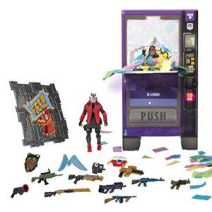 fortnite vending machine, features 4 inch x-lord action figure, includes 9 weapons, 4 back bling, and 4 building material pieces