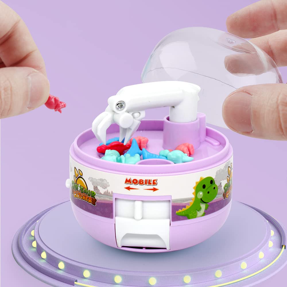 Mini Claw Machine for Kids&adults,Purple,24 Tiny Stuff prizes,dinosaur miniature game,travel claw games,Birthday Gifts for 3-10 Years Old Boys Girls,Mini vending machine eraser set,Travel claw games