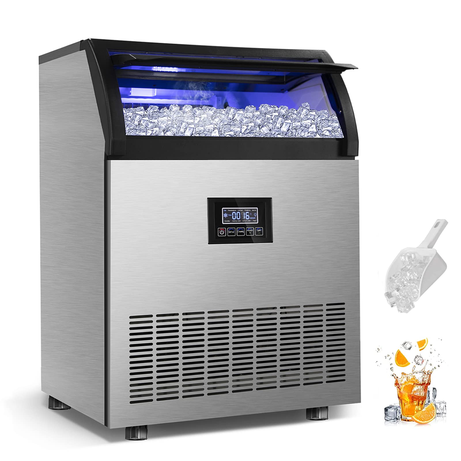 Commercial Ice Maker, 250Lbs/24H Under Counter Ice Machine with 77Lbs Storage Bin, 90 Ice Cubes in 11Min, Stainless Steel Freestanding Ice Making Machine for Business, Water Filter and Scoop Included