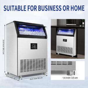 Commercial Ice Maker, 250Lbs/24H Under Counter Ice Machine with 77Lbs Storage Bin, 90 Ice Cubes in 11Min, Stainless Steel Freestanding Ice Making Machine for Business, Water Filter and Scoop Included