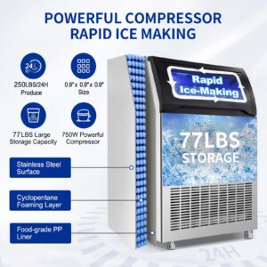 Commercial Ice Maker, 250Lbs/24H Under Counter Ice Machine with 77Lbs Storage Bin, 90 Ice Cubes in 11Min, Stainless Steel Freestanding Ice Making Machine for Business, Water Filter and Scoop Included