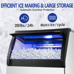 Commercial Ice Maker, 250Lbs/24H Under Counter Ice Machine with 77Lbs Storage Bin, 90 Ice Cubes in 11Min, Stainless Steel Freestanding Ice Making Machine for Business, Water Filter and Scoop Included