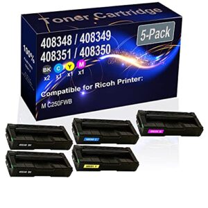 kolasels 5-pack (2bk+c+y+m) compatible m c250fwb laser toner cartridge (high capacity) replacement for ricoh m c250 (408348 408349 408351 408350) printer toner cartridge