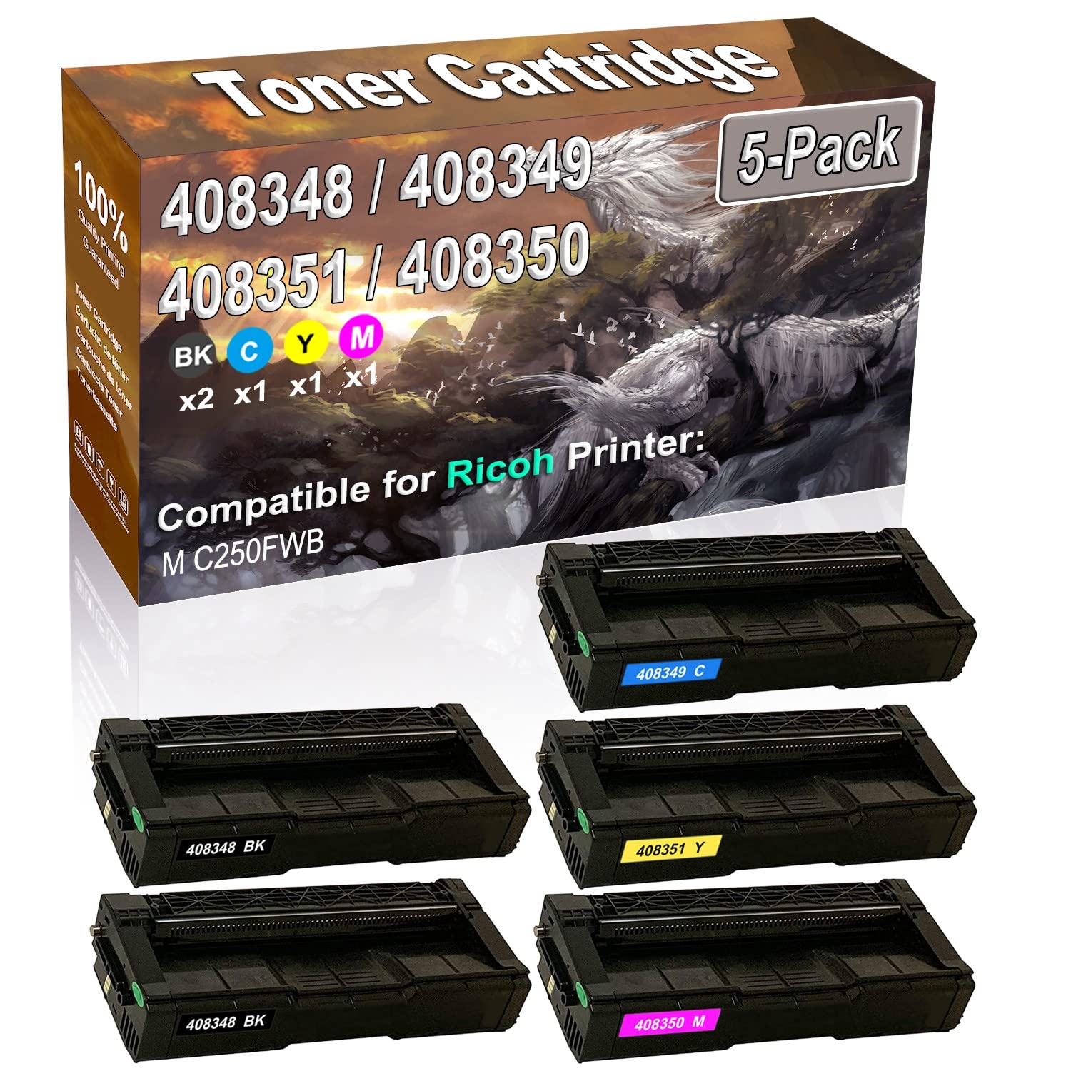 5-Pack (2BK/C/Y/M) Compatible High Yield M C250 (408348 408349 408351 408350) Printer Toner Cartridge use for Ricoh M C250FWB Printers