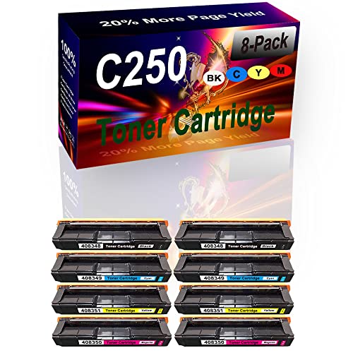 SINIYA 8-Pack (2BK+2C+2Y+2M) Compatible High Yield C250(408348 408349 408351 408350) Printer Toner Cartridge use for Ricoh M C250FWB M C250 Printers