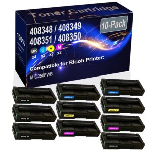 kolasels 10-pack (4bk+2c+2y+2m) compatible m c250fwb laser printer toner cartridge (high capacity) replacement for ricoh m c250 (408348 408349 408351 408350) printer toner cartridge