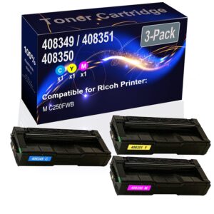 kolasels 3-pack (c+y+m) compatible m c250fwb laser printer toner cartridge (high capacity) replacement for ricoh m c250 (408349 408351 408350) printer toner cartridge