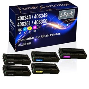 kolasels 5-pack (2bk+c+y+m) compatible m c250fwb laser printer toner cartridge (high capacity) replacement for ricoh m c250 (408348 408349 408351 408350) printer toner cartridge