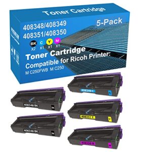 jullu 5-pack (2bk+c+y+m) compatible high yield 408348+ 408349+ 408351+ 408350 laser printer toner cartridge used for ricoh m c250fwb, m c250 printer